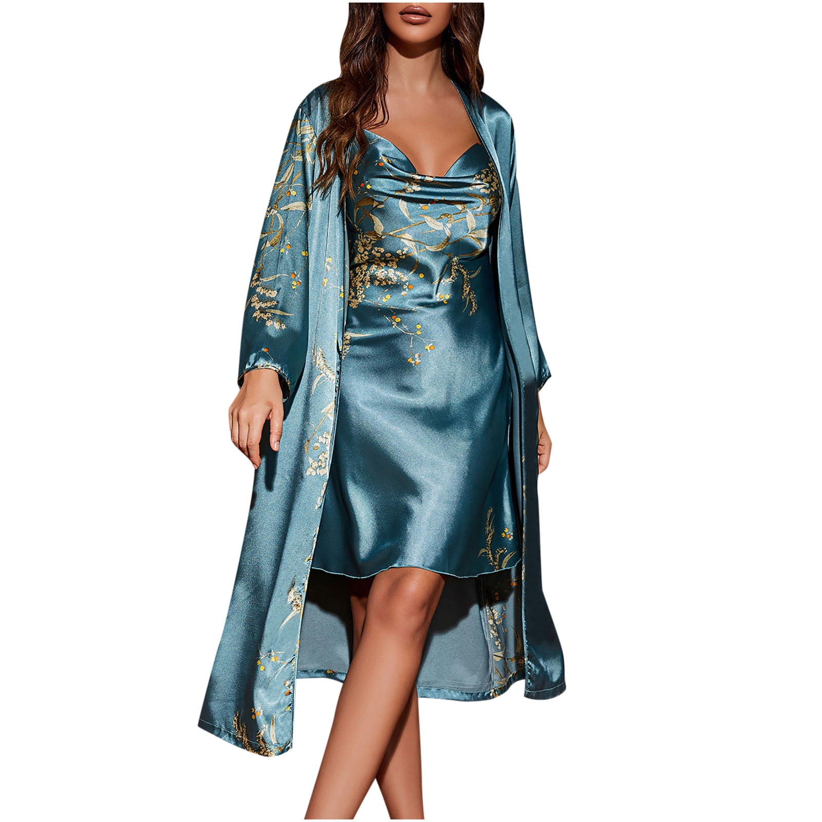 Silk Sleep Dress with Robe Set Womans Sleepwear Sexy Lounge Satin ...