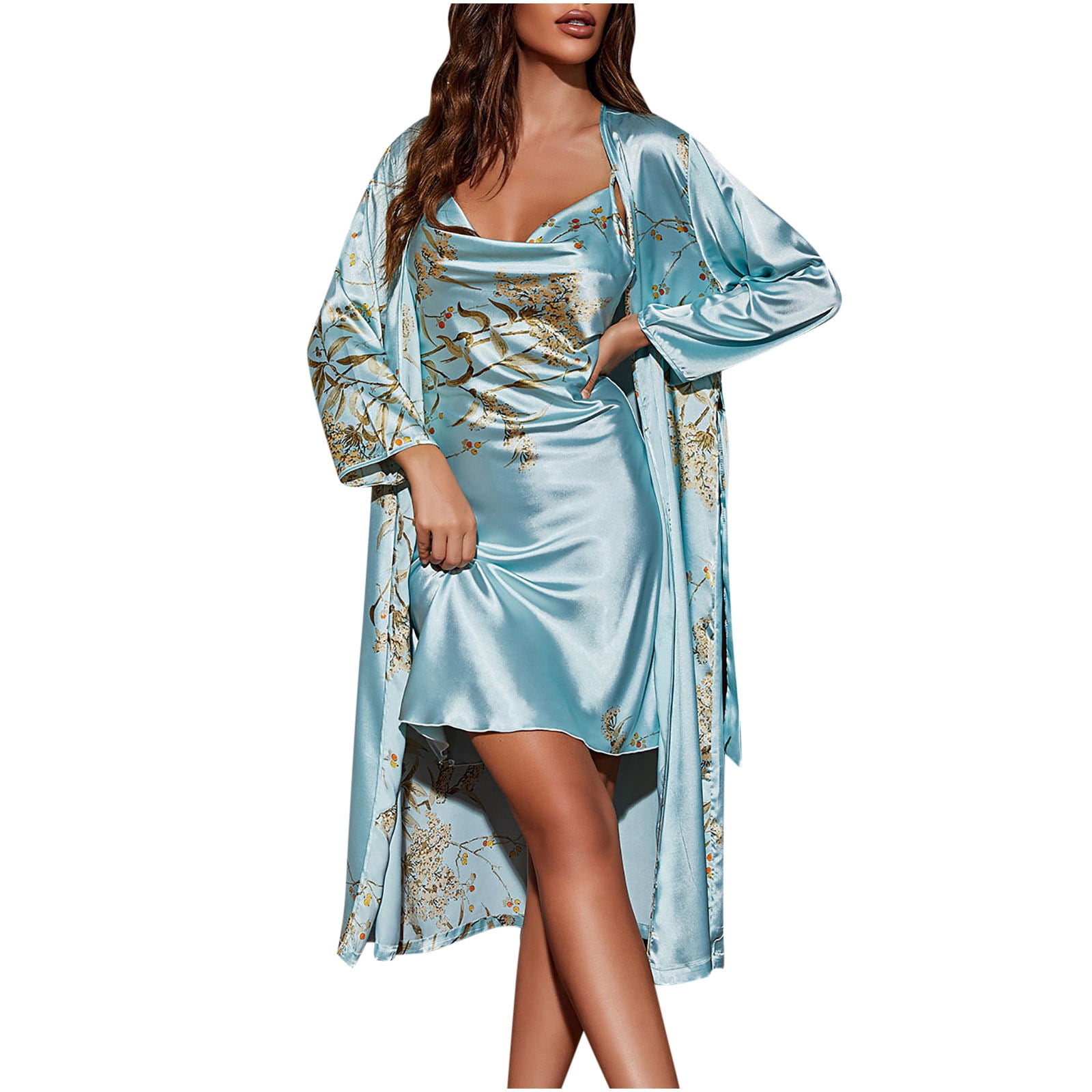 Silk Sleep Dress with Robe Set Womans Sleepwear Sexy Lounge Satin ...