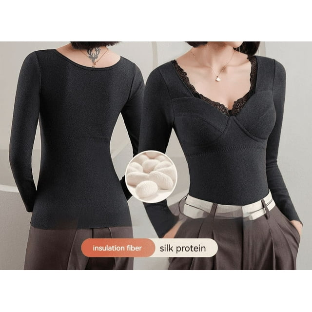 Silk Warm Underwear Women's One Piece Wearless Bra Lace Long Sleeve ...