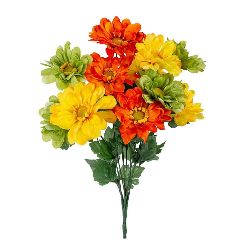 Silk Yellow/Green/Orange Gerbera Daisy Flower Bush - for Spring Decor ...