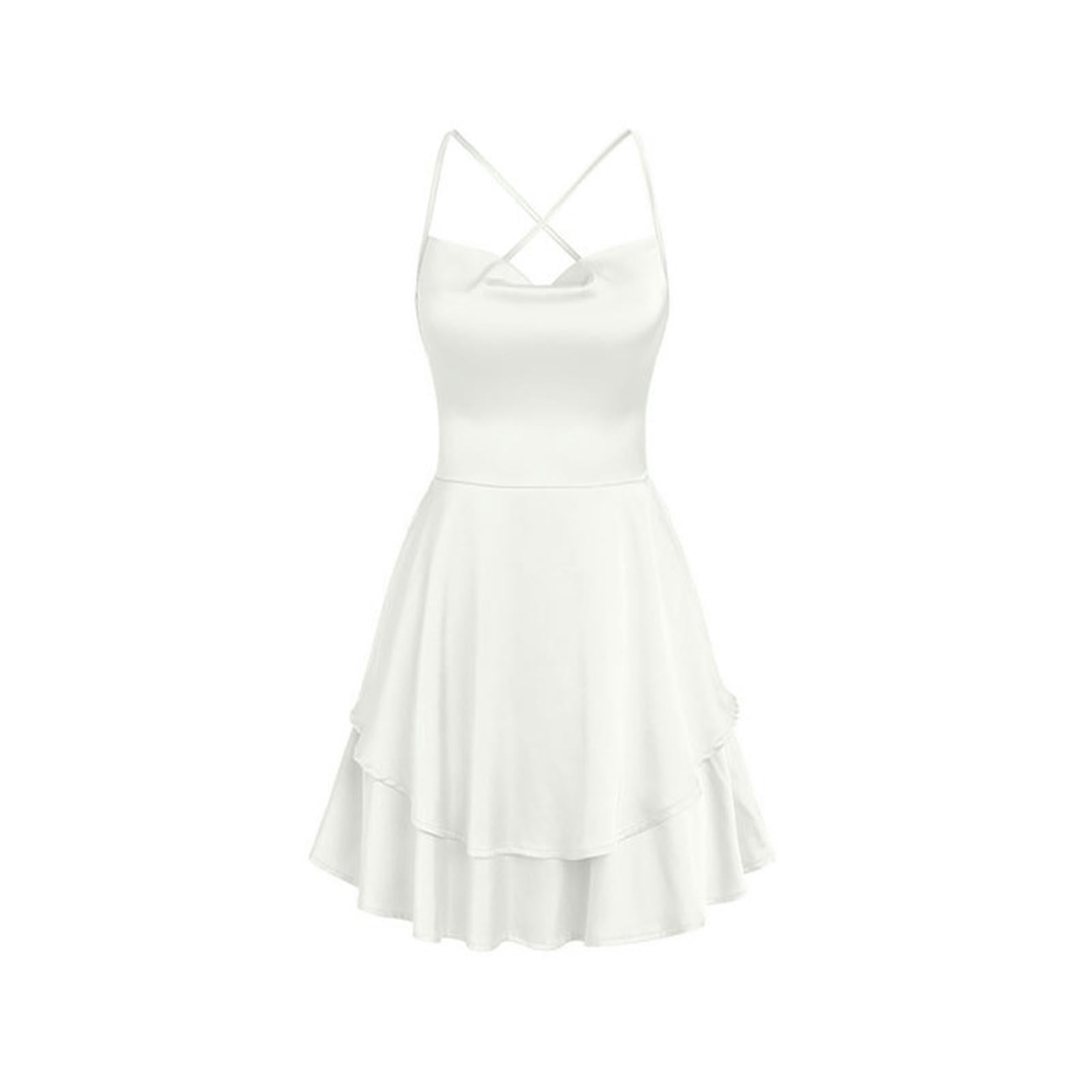 Silk cross-tie backless tiered strap mini dress-White-S - Walmart.com