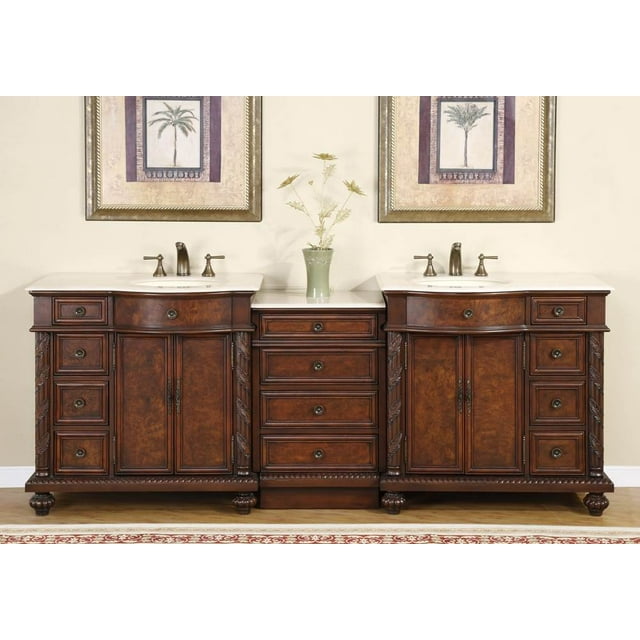 Silkroad Exclusive 90-inch Double Sink Bathroom Vanity Cabinet Cream ...