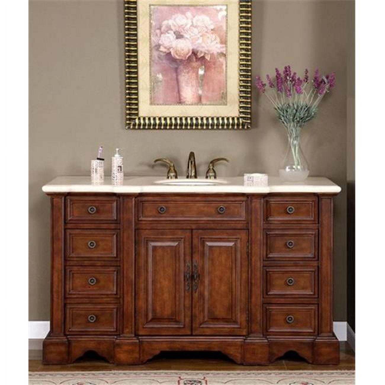 Silkroad Exclusive 58in Wide Single Sink Bathroom Vanity with Cream ...
