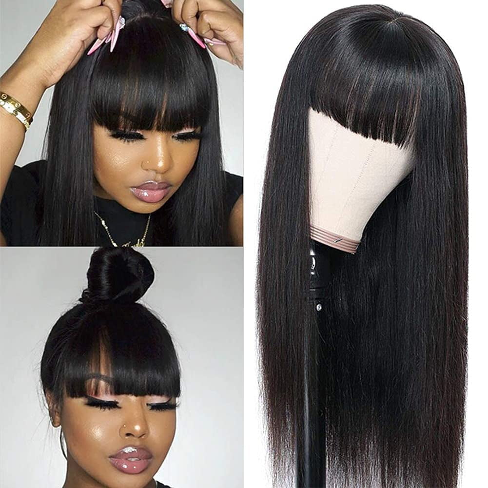 Silky Bone Straight Human Hair Wigs With Bangs None Lace Front Wigs For ...