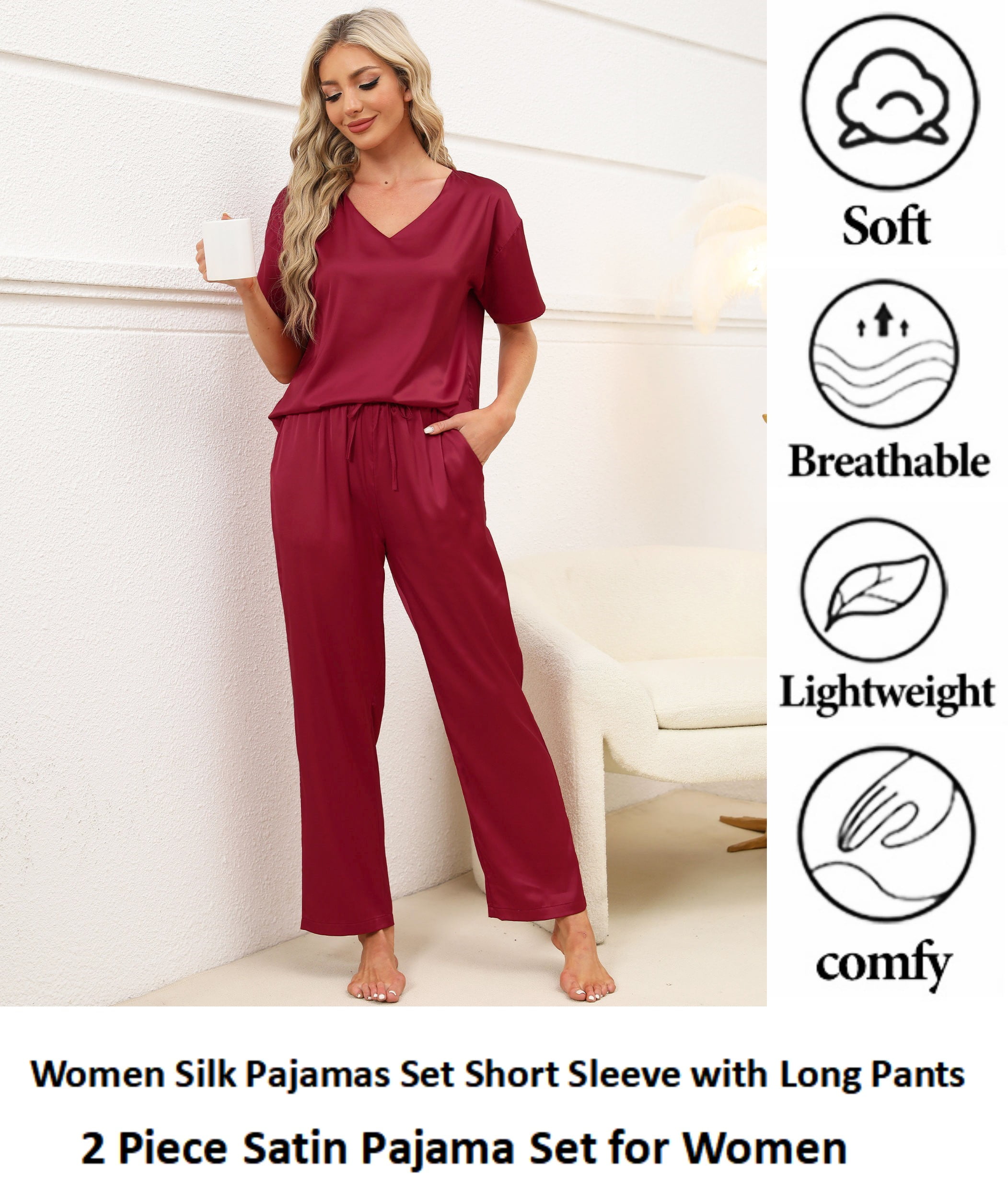 Silky Satin Pajamas Set for Women Short Sleeve Silk Pajama Set Soft ...