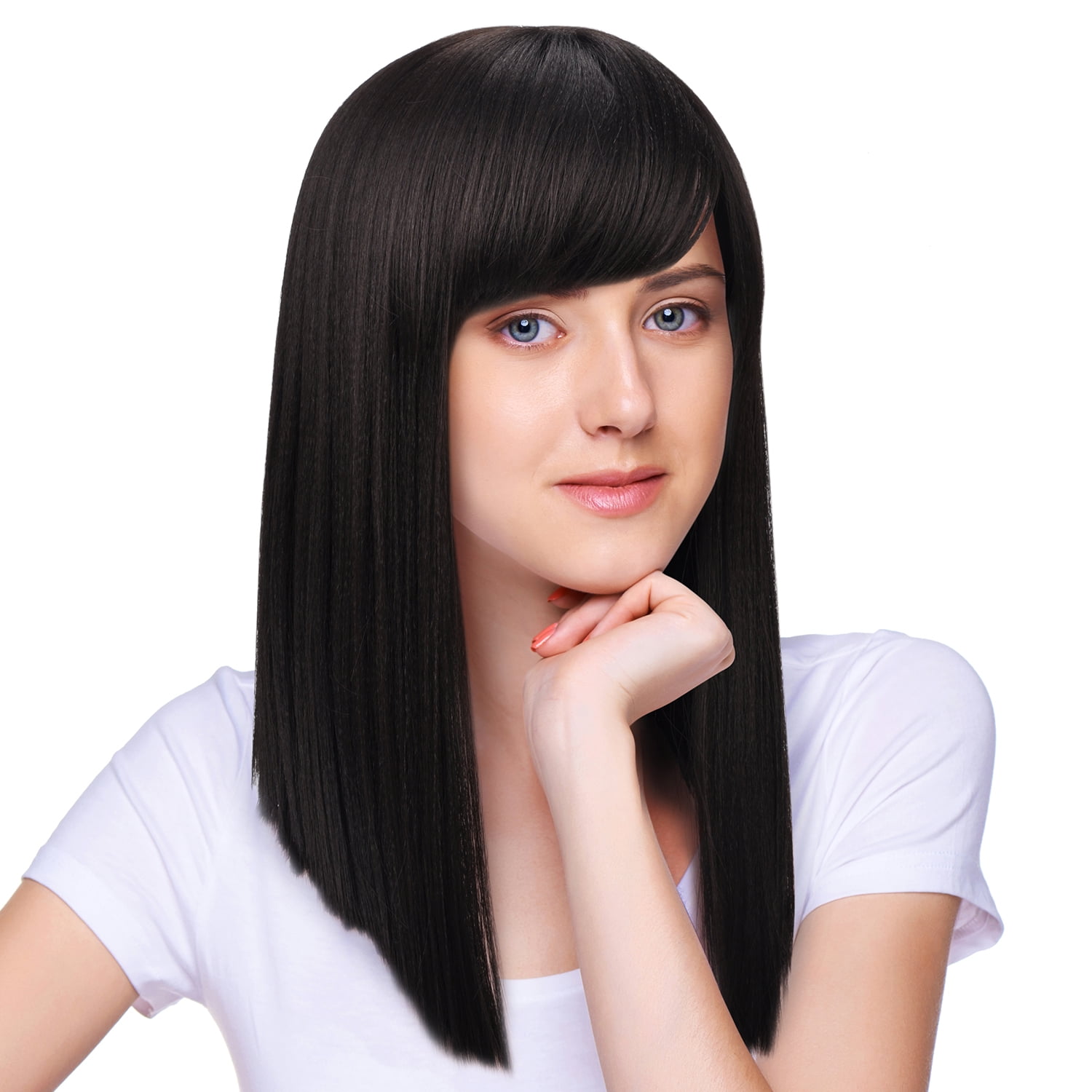Silky Straight Synthetic Black Wig with Bangs for Women,Heat Resistant Natural Looking Long Hair ...