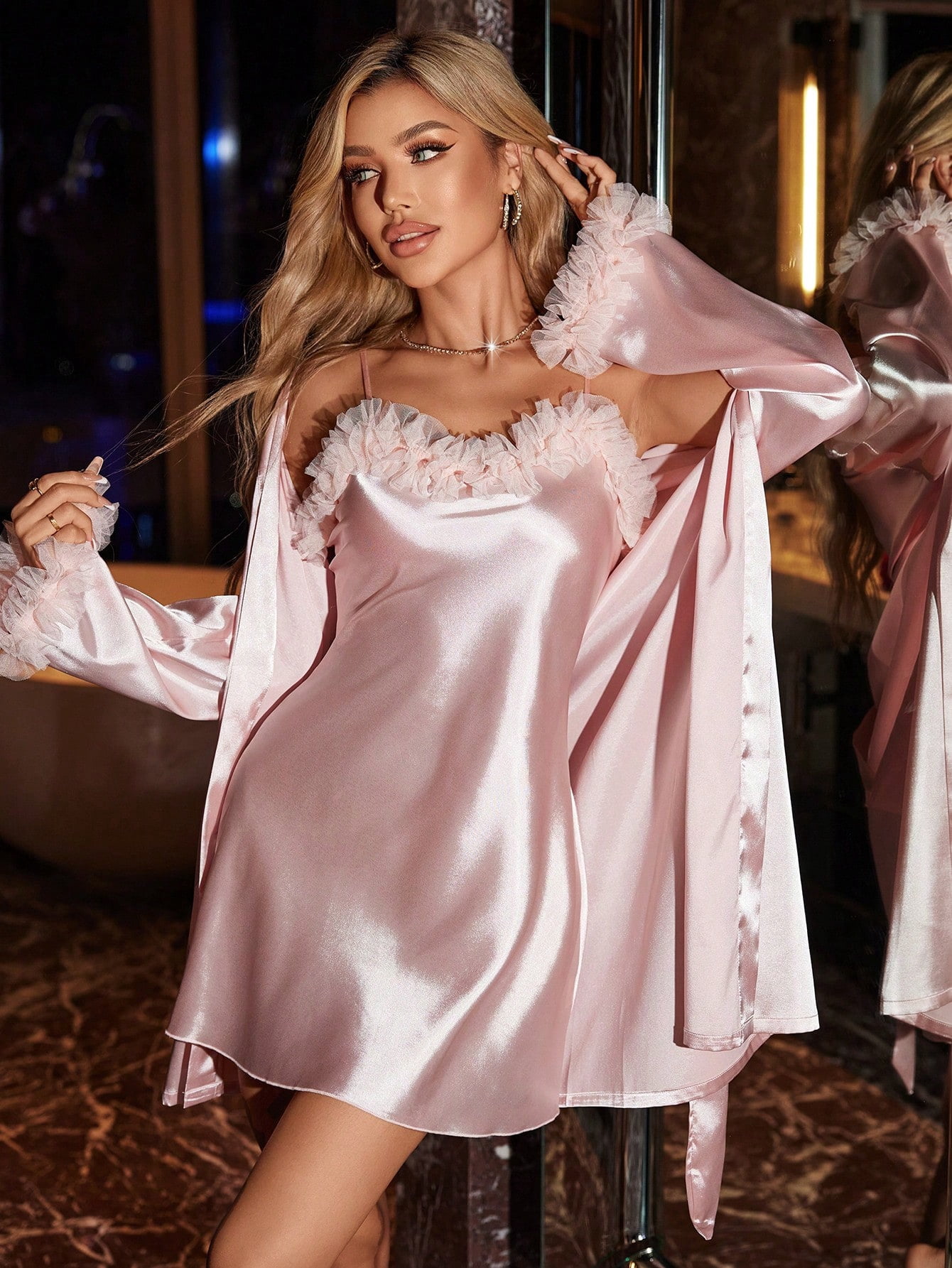 SilkySpell 2pcs Set: Floral Trim Faux Silk Nightgown And Kimono ...