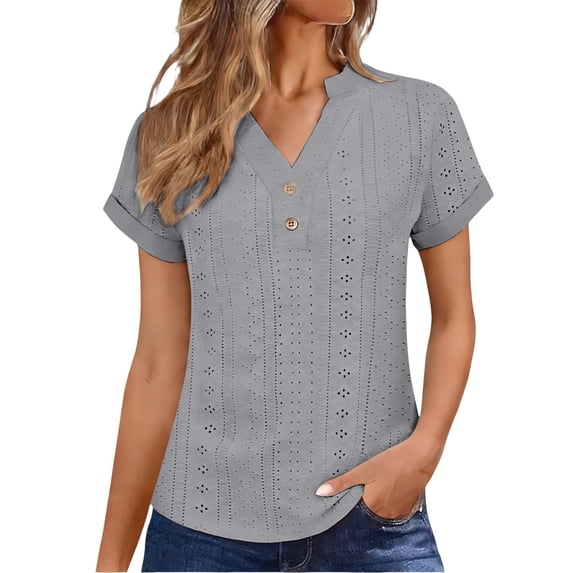 Sillenn Women Elegant Eyelet Tops V Neck Shirts Eyelet Embroidery Short ...