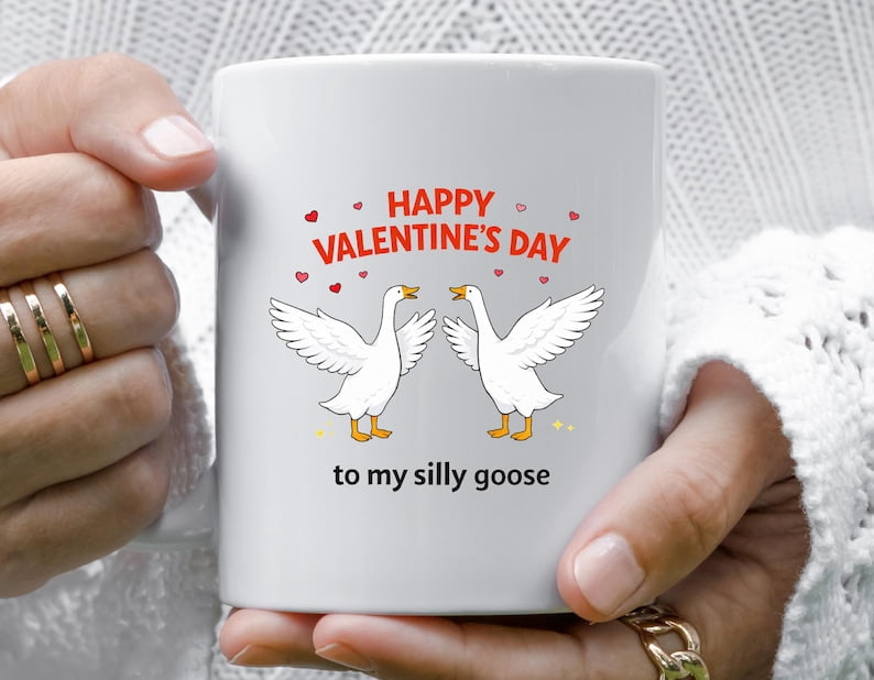 Silly Goose VaL1entine's Day Mug For Couples With C1Artoon Geese And ...