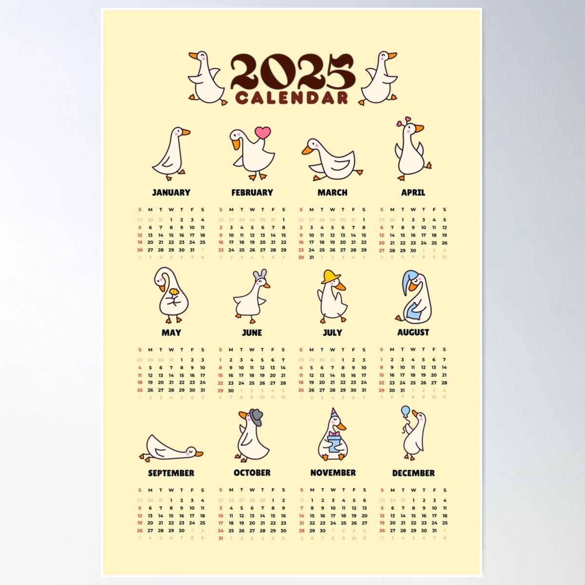 Silly Goose Yearly Calendar 2025 Poster Wall Art, Modern Wall Decor For ...