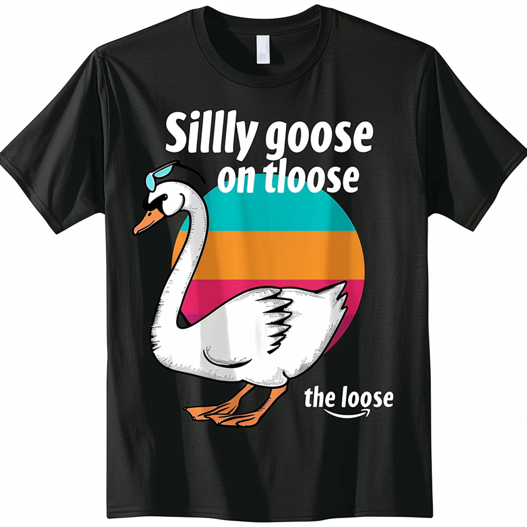 Silly Goose on the Loose Black T Shirt: Retro Sunset Design with Swan ...