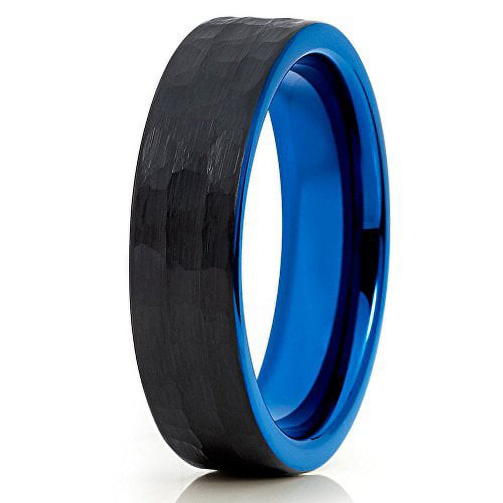 Silly Kings 6mm Black Tungsten Carbide Wedding Ring Blue Inlay Hammered ...