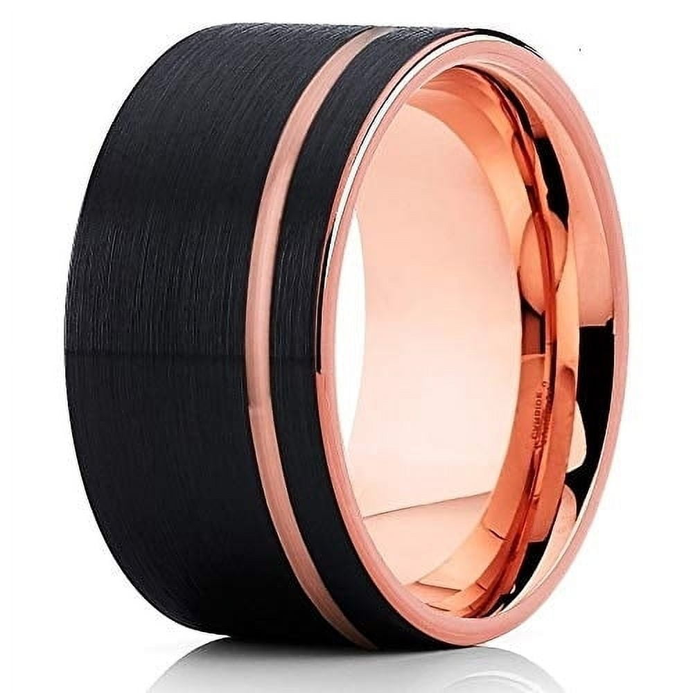 Silly Kings Jewelry 12mm Rose Gold Offset Groove Tungsten Wedding Band - Men's Ring - Black ...
