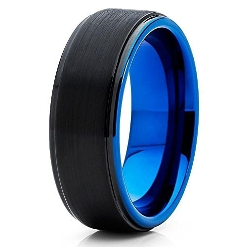 Silly Kings Jewelry 8mm Black Brushed Tungsten Carbide Wedding Band Blue Inlay Stepped Edge Mens ...