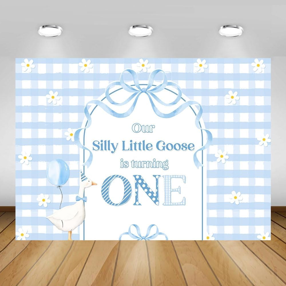 Our Silly Little Goose is Turning One Backdrop Blue Plaid Arch Bow Tie ...