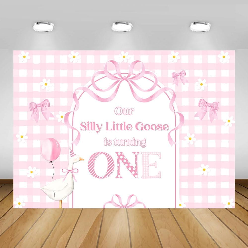 Our Silly Little Goose is Turning One Backdrop Pink Plaid Arch Bow Tie ...