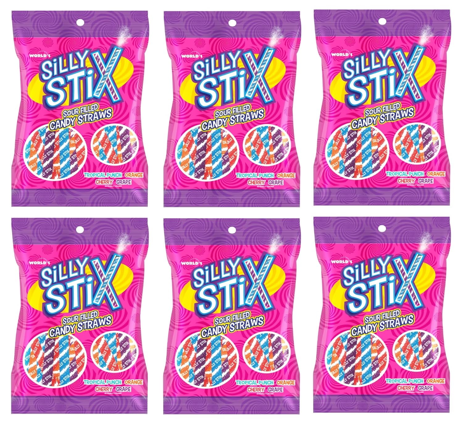 Silly Six Sour Filled Candy Sraws - 2.75 oz Bag - Pack of 6 - Variey of ...