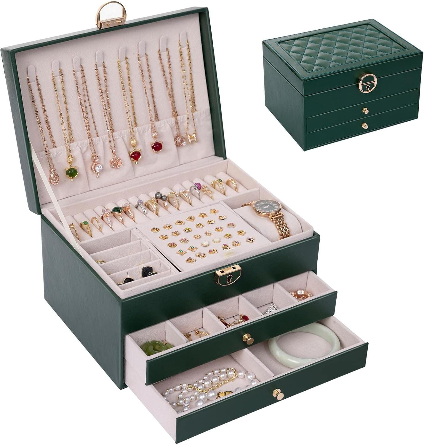 Siloon Jewelry Box Organizer for Women Girls, 3 Layer Large Men Jewelry Storage Case, PU Leather ...