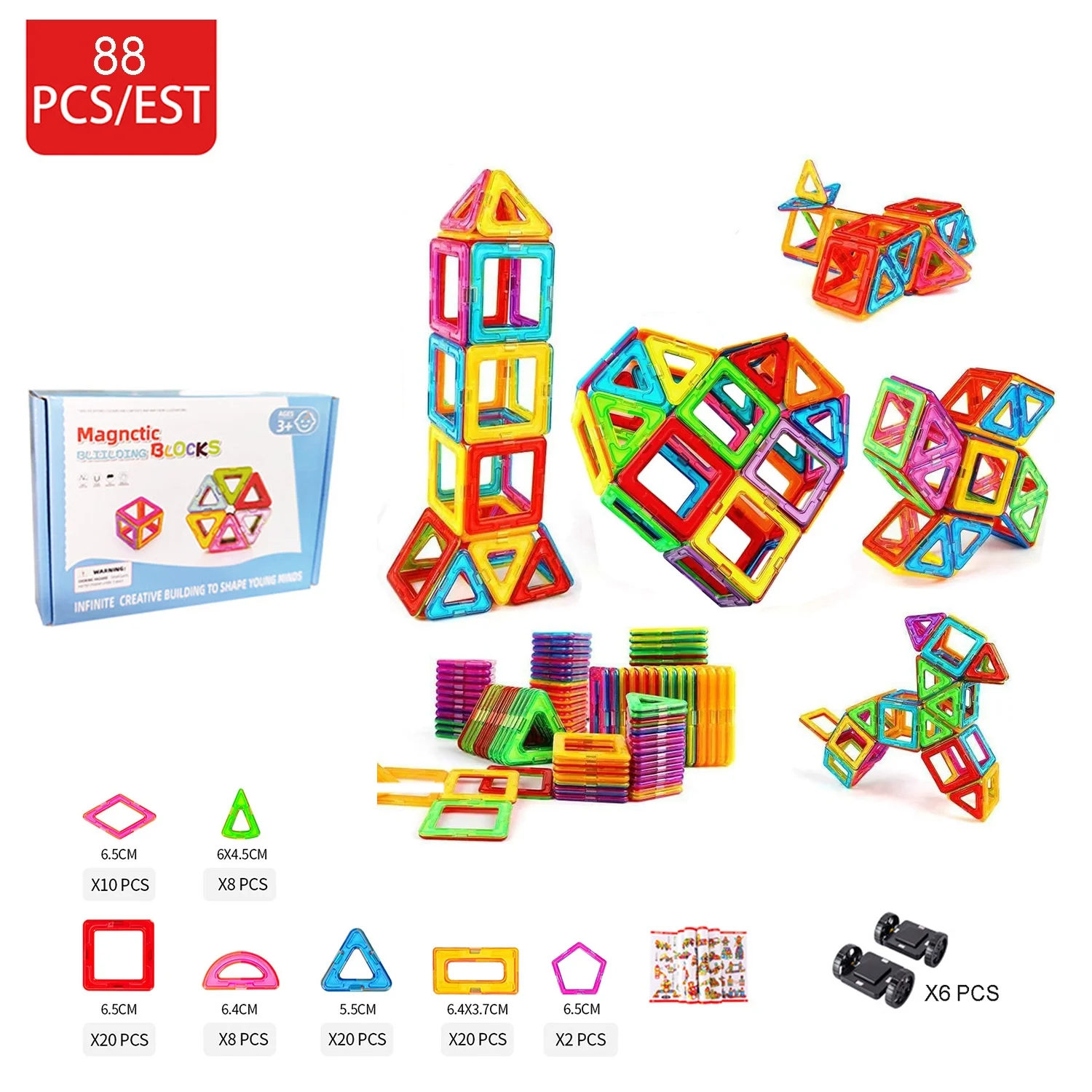 Siloon Magnetic Tiles, 88 PCS Magnetic Building Blocks, 3D Magnet Tiles ...