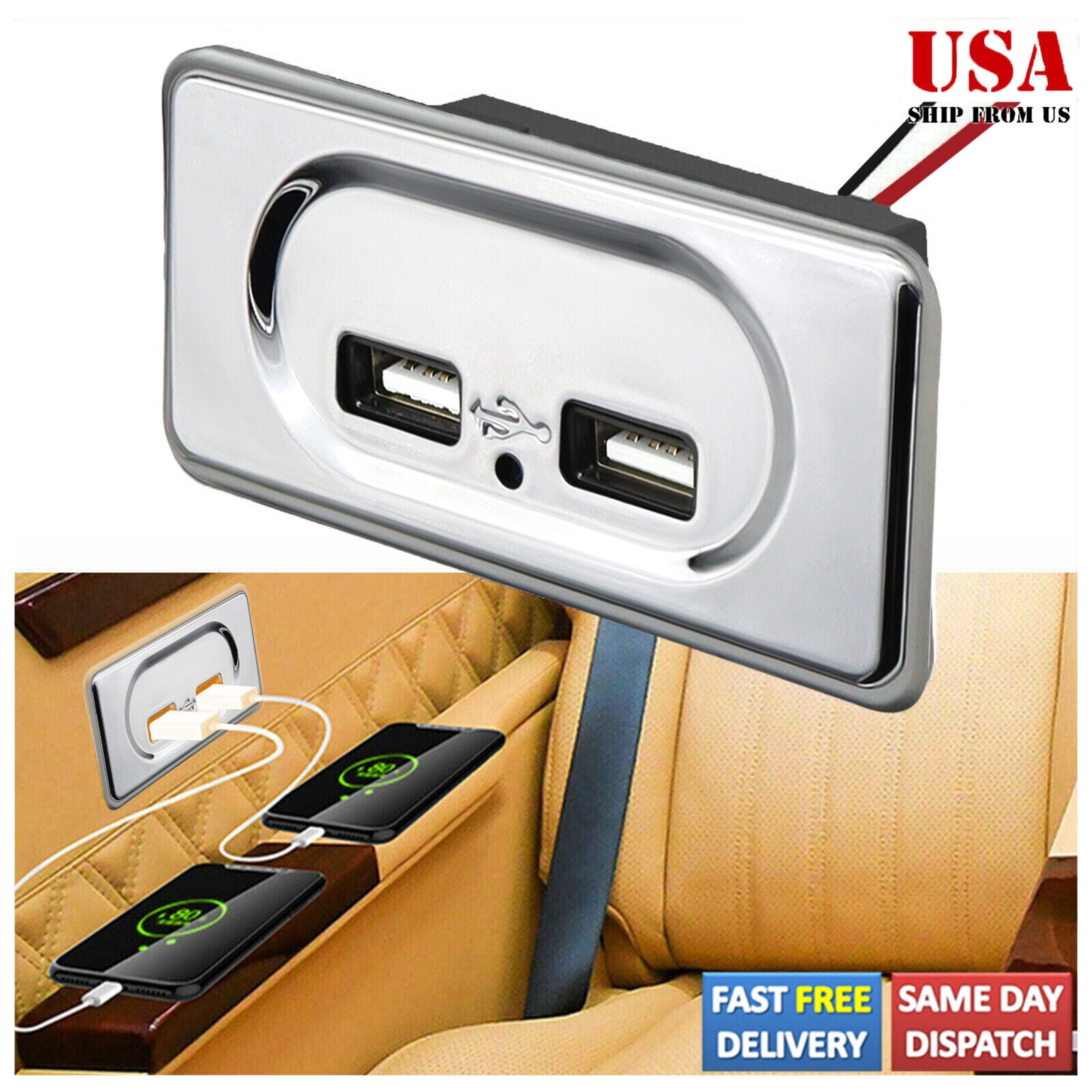 Silver 12V 3.1A Dual USB Port Fast Charger Socket Power Outlet Panel ...