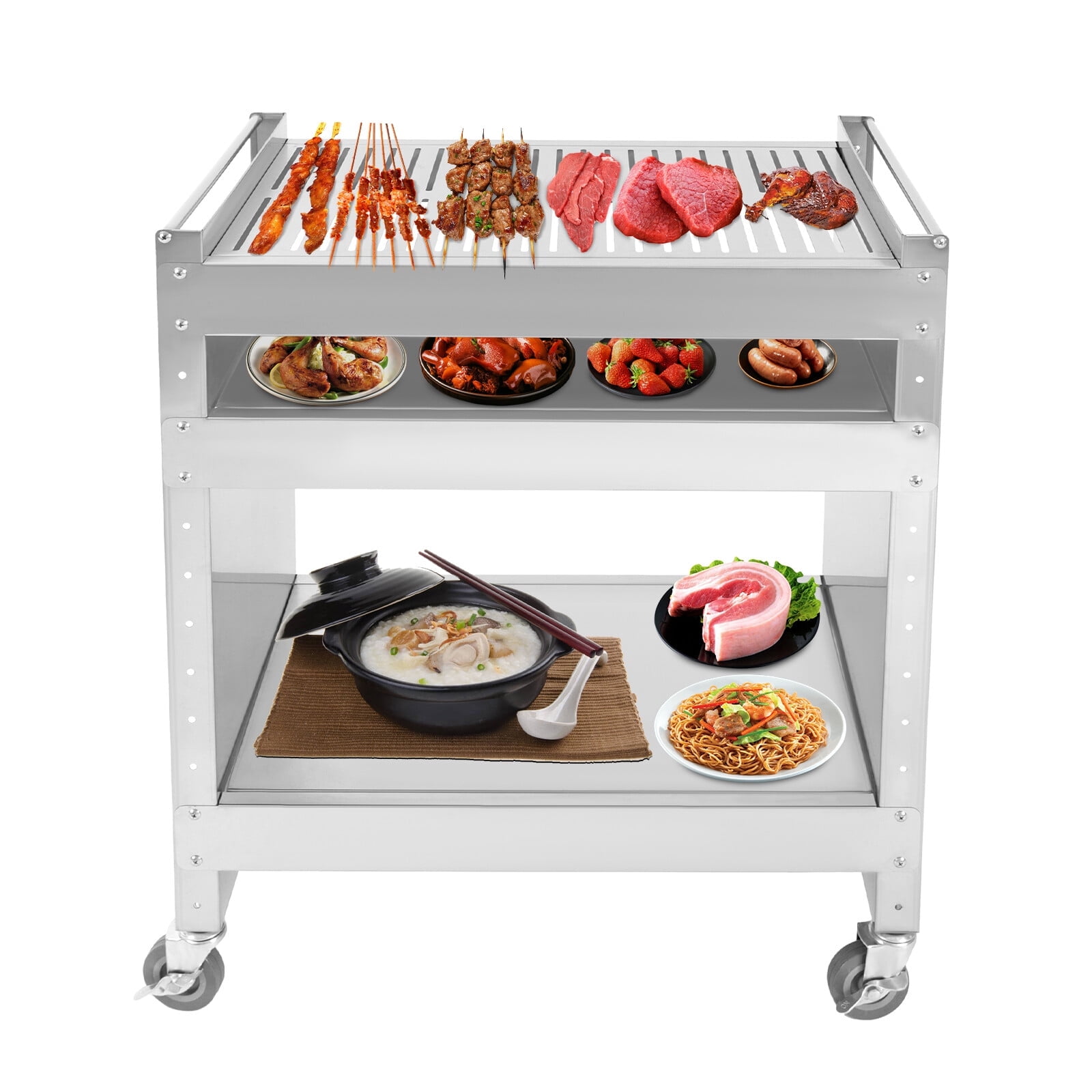 Silver 201 Stainless Steel BBQ Cart, Rectangular. 4 Universal Wheels (2 ...