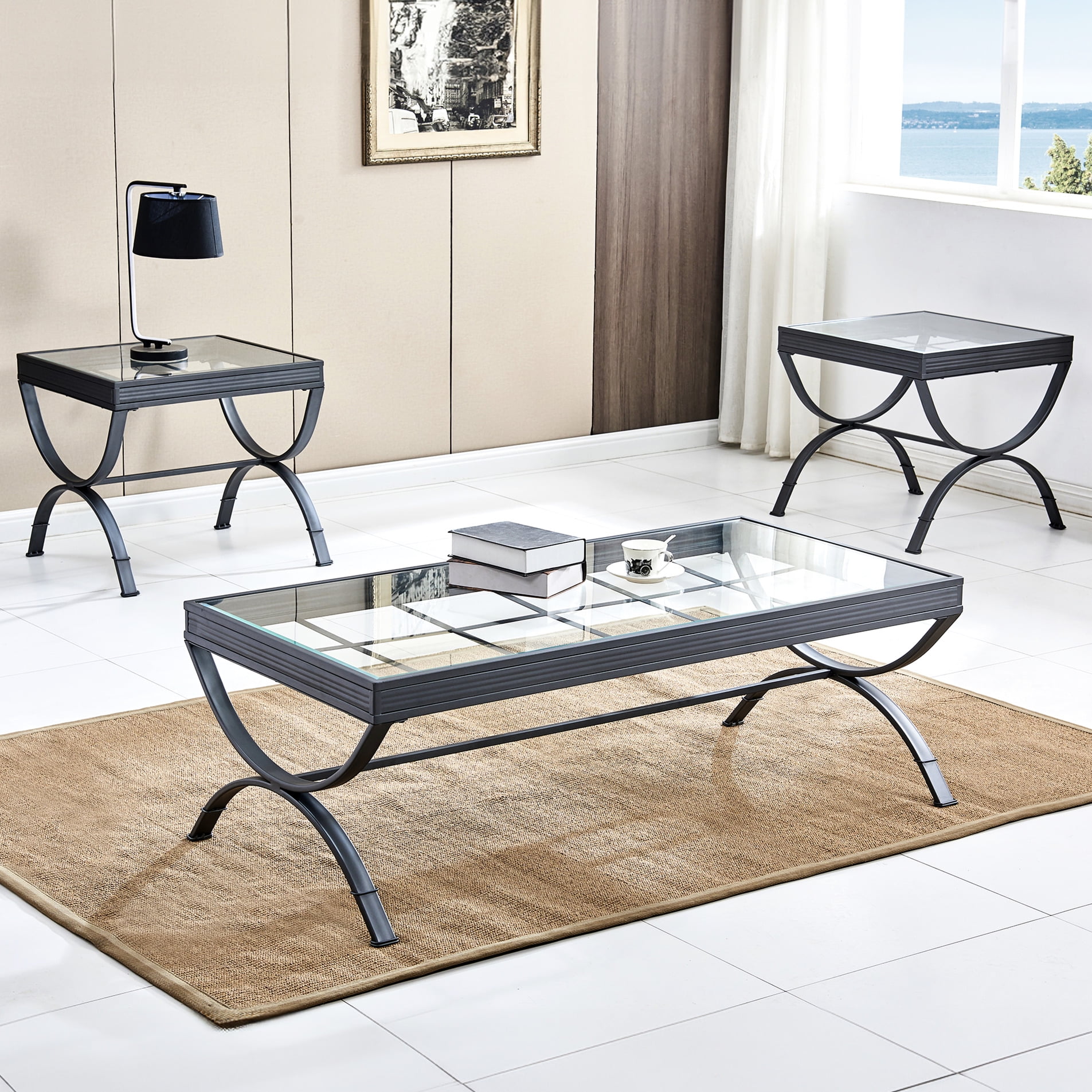 Silver 3 Piece Table - Metal Bases With Hour Glass Legs, Cross ...