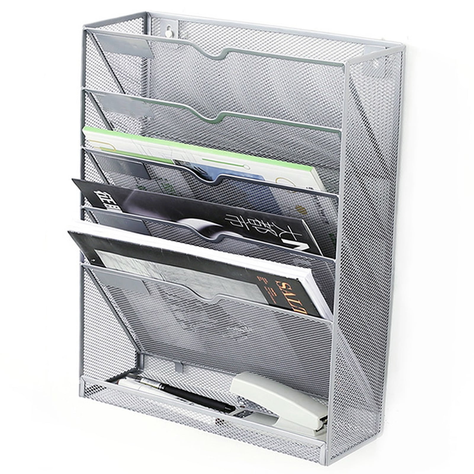 Silver 5 Tier Wall File Organizer with Glossy Edges Vertical Wall Mount ...