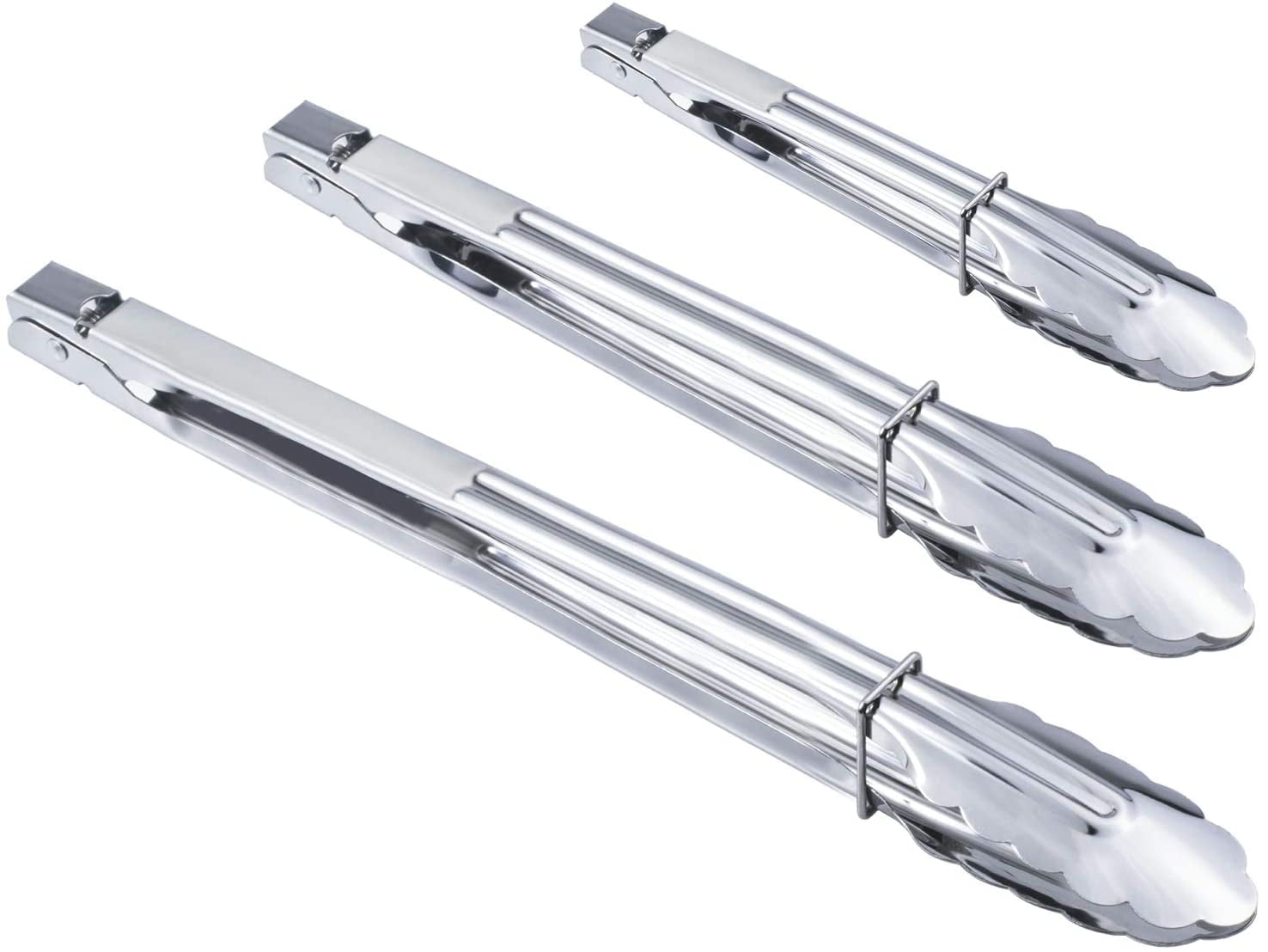 Silver 7-16" Stainless Steel Locking Kitchen Tongs Extra Long Sturdy ...