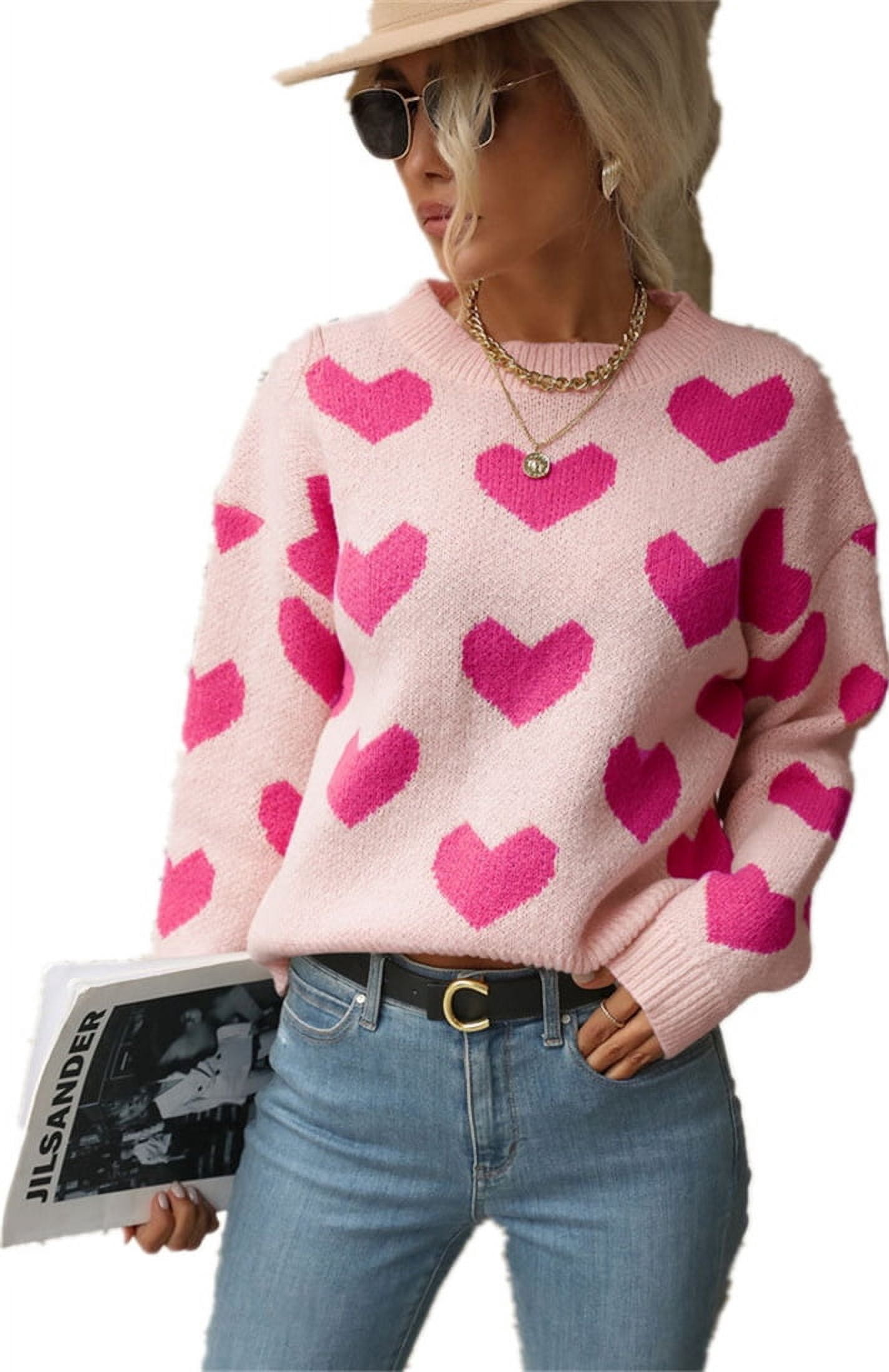 Silver Basic Fashion Sweater Featuring Cute Heart-Shaped Pattern Long ...
