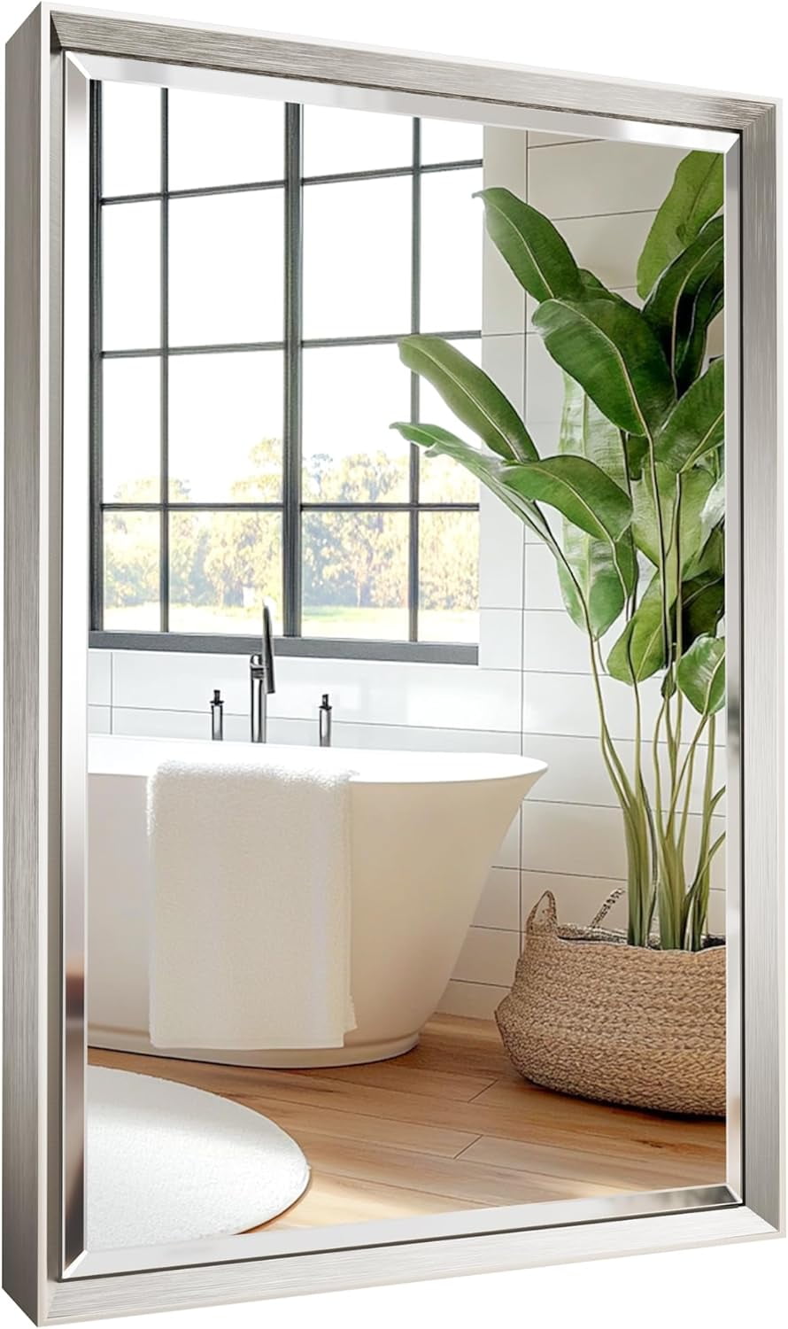 Silver Bathroom Mirror, 16''x 24'' Beveled Silver Framed Wall Mirror ...