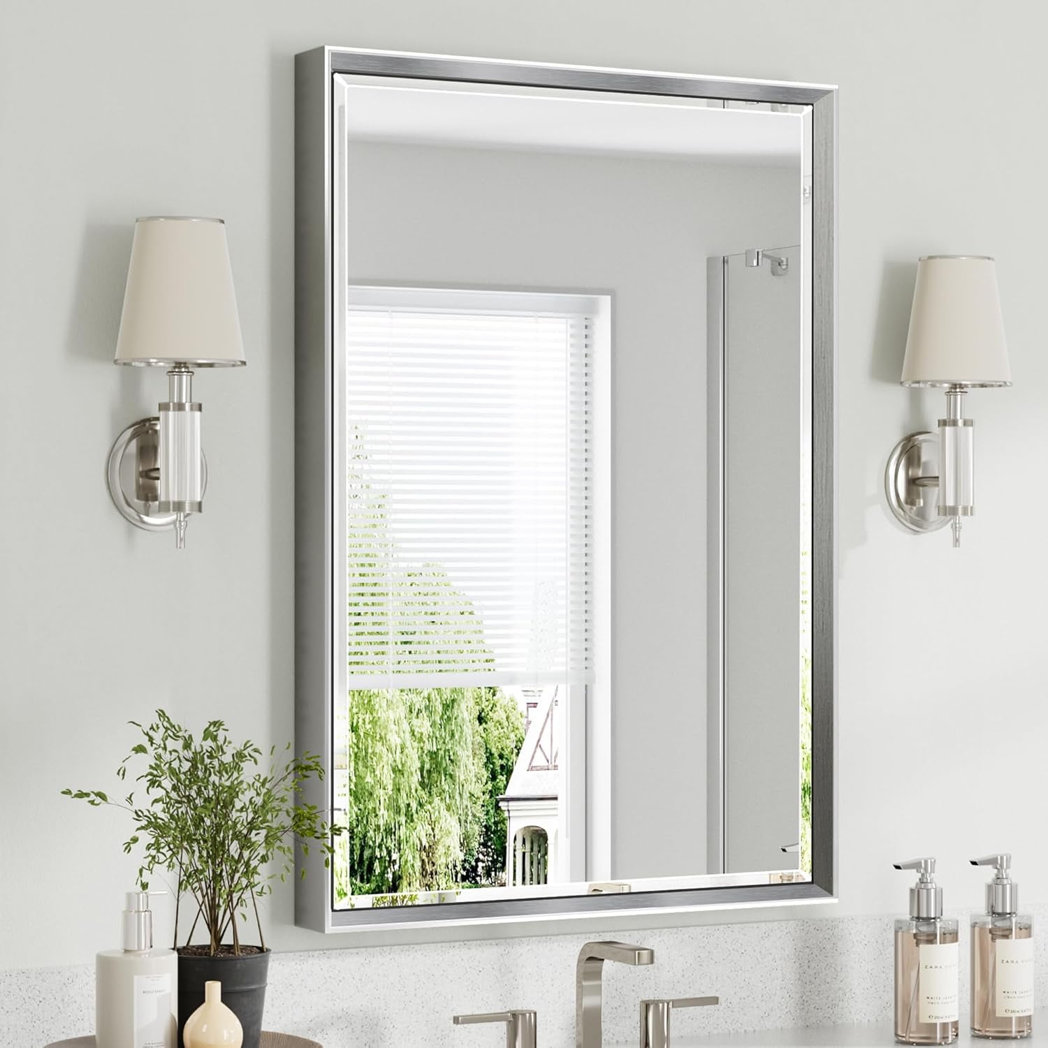 Silver Bathroom Mirror, 24x36 Inch Beveled Silver Vanity Mirror for ...