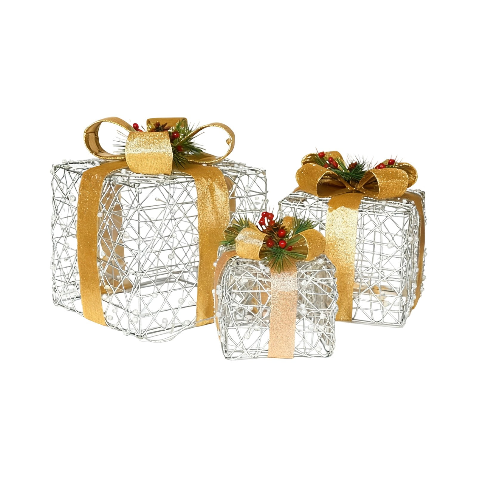 Silver Battery Operated Led Lighted Gift Boxes Set Of 3 Large Medium ...