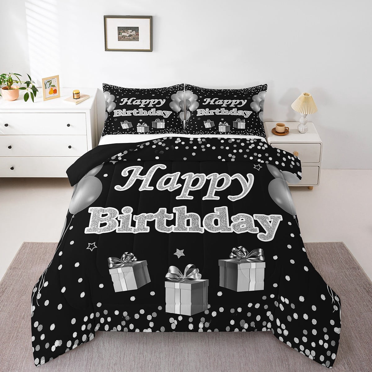 Silver Bedding Happy Birthday Comforter Set,Birthday Party Decorations ...