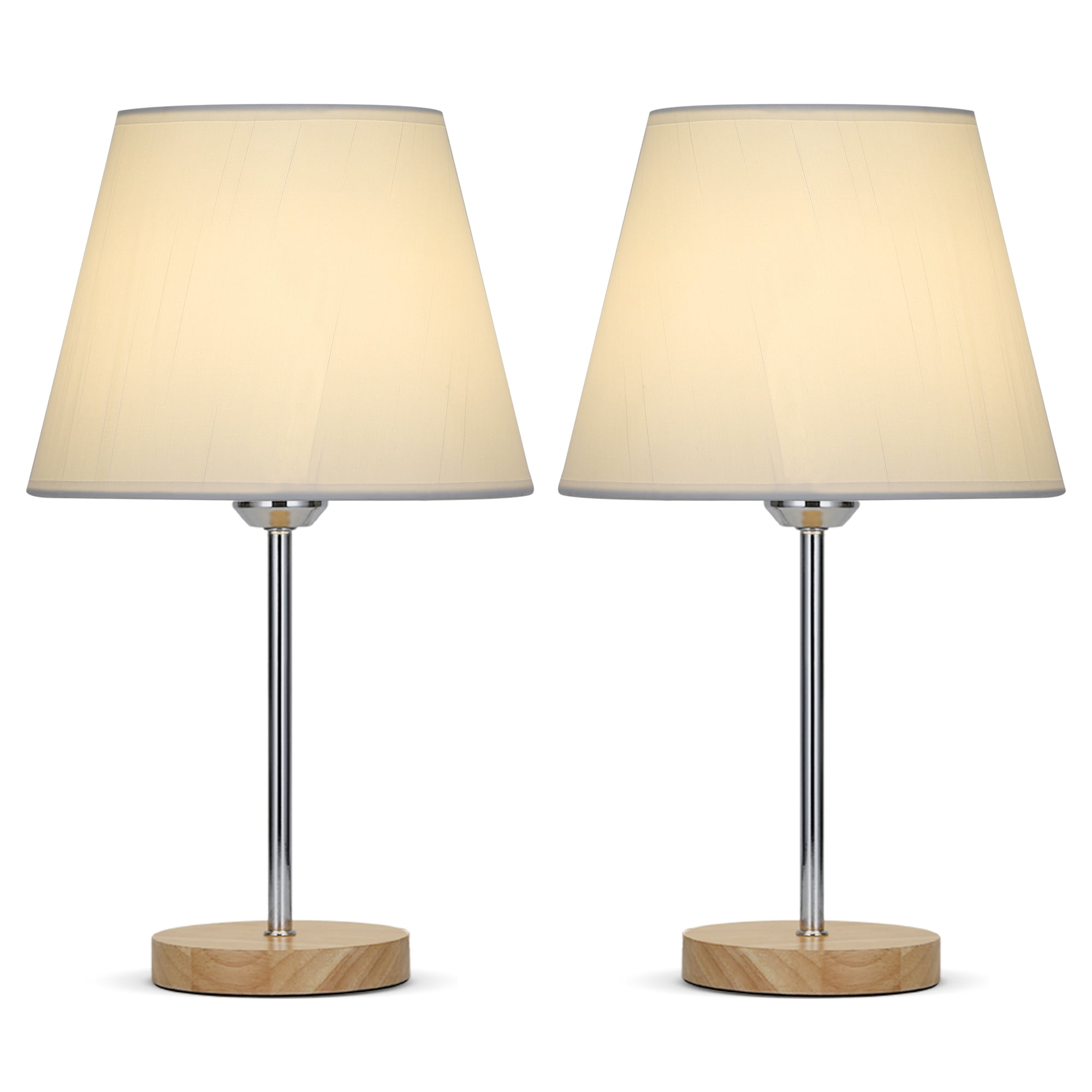 Silver Bedside Lamps Set of 2 with Wooden Base, Linen Shade - Walmart.com