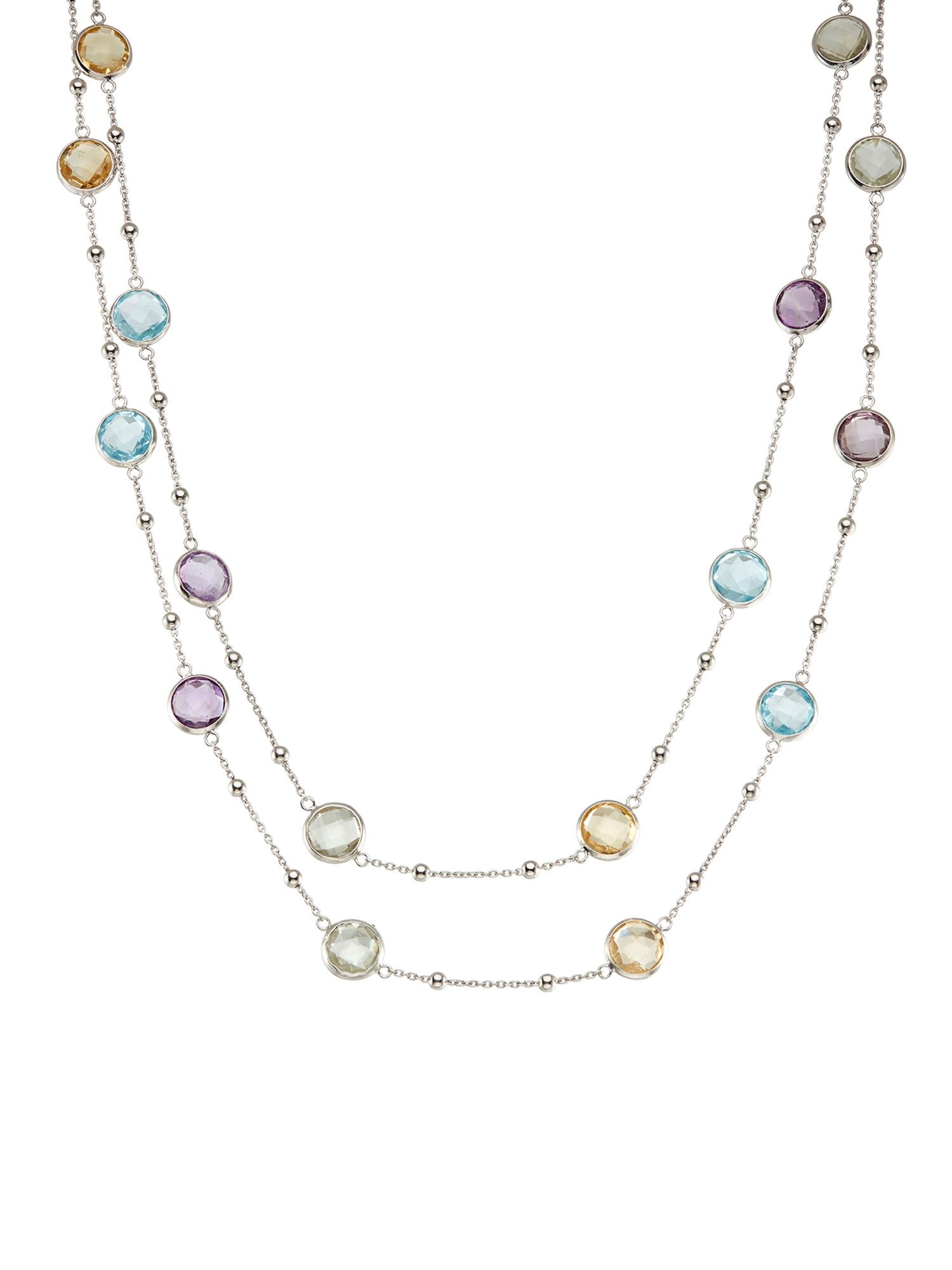 Silver Bezel Necklace with Small Silver Stations and Round Gemstones ...