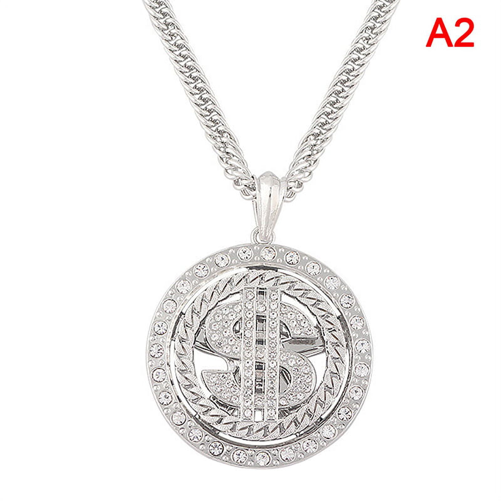 (Silver) Big Rotatable US Dollar Money Sign Pendant Necklace Men Rapper ...