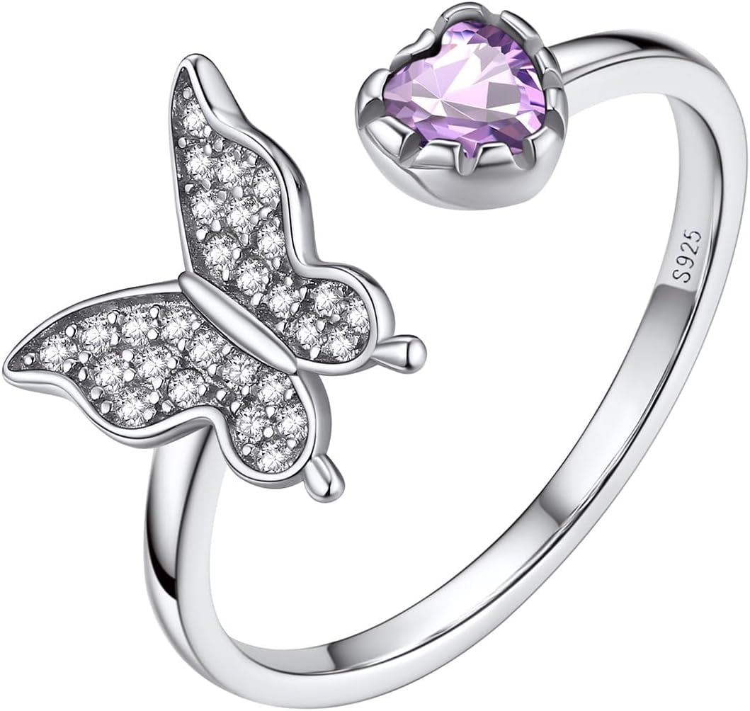 Silver Birthstone Butterfly Earring Necklace Ring For Women-Dainty Cute ...