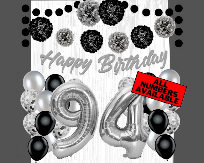 Silver & Black 94th Birthday Decorations - 40" Number Balloons &More ...