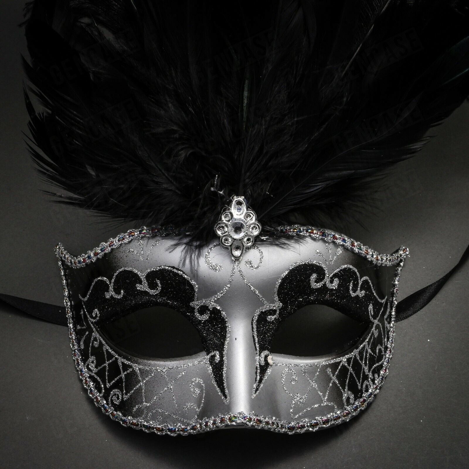 Silver Black Female Women Masquerade Mask | Top Tall Feather Mardi Gras ...