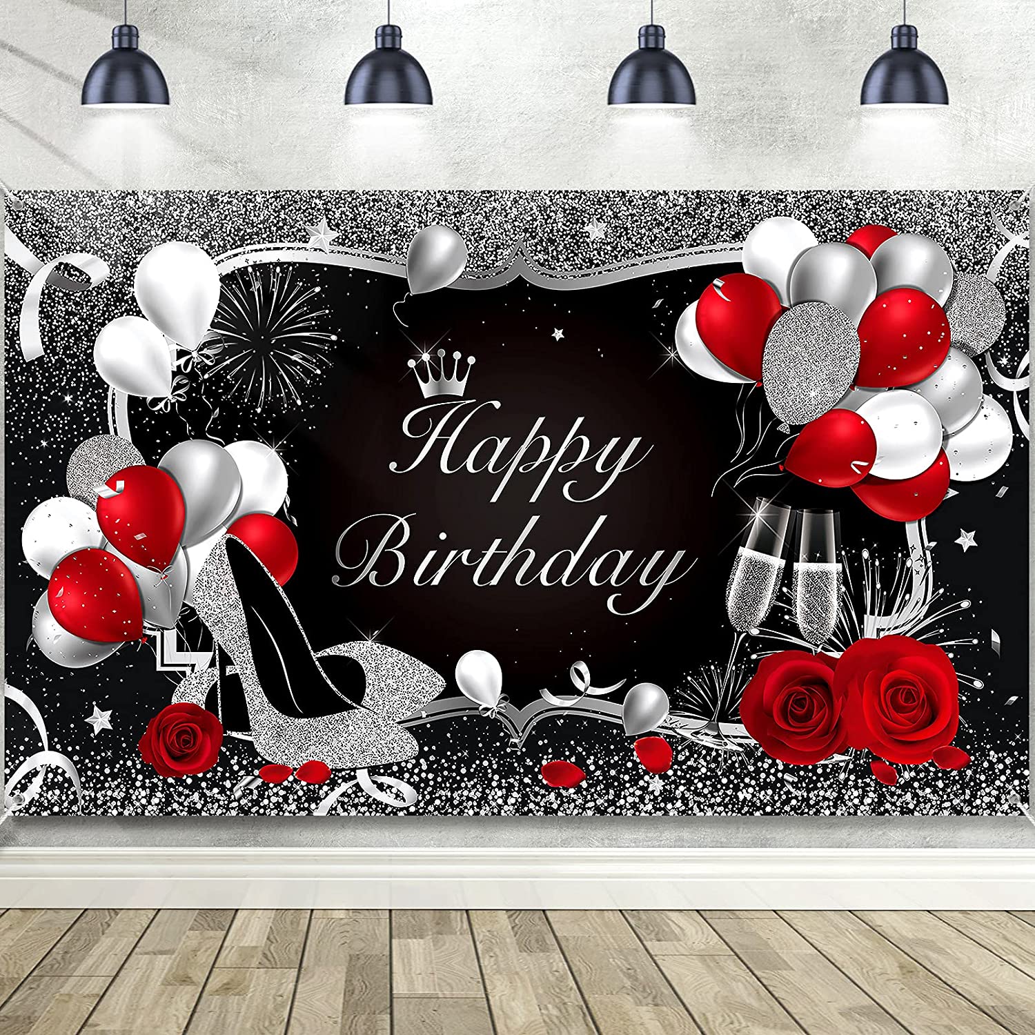 Silver and Black Happy Birthday Backdrop Happy Birthday Banner Red ...