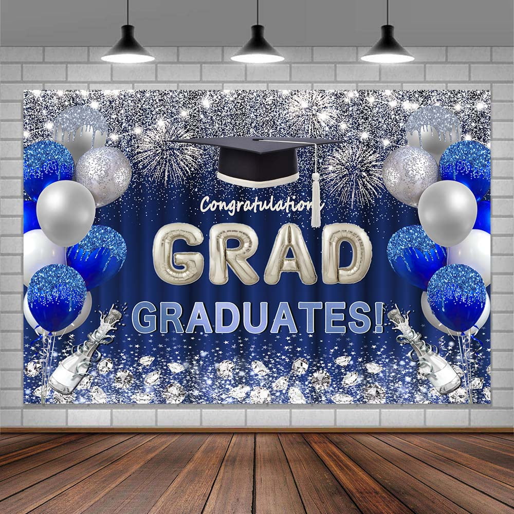 Silver Blue Graduation Backdrop, Sparkling Balloon Fireworks Bachelor ...