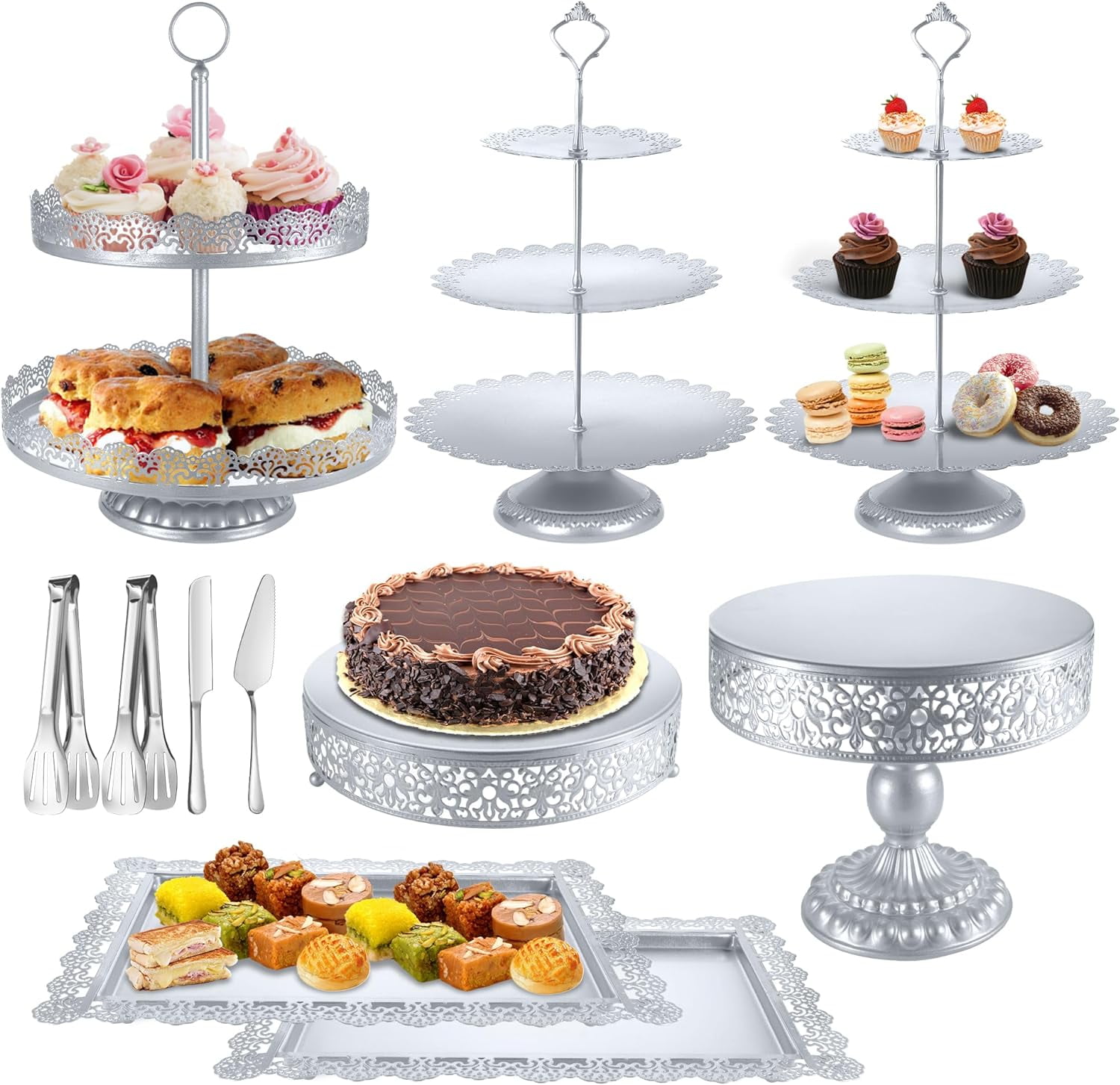 Silver Cake Stand Sets, Metal Dessert Table Display Tiered Cupcake ...