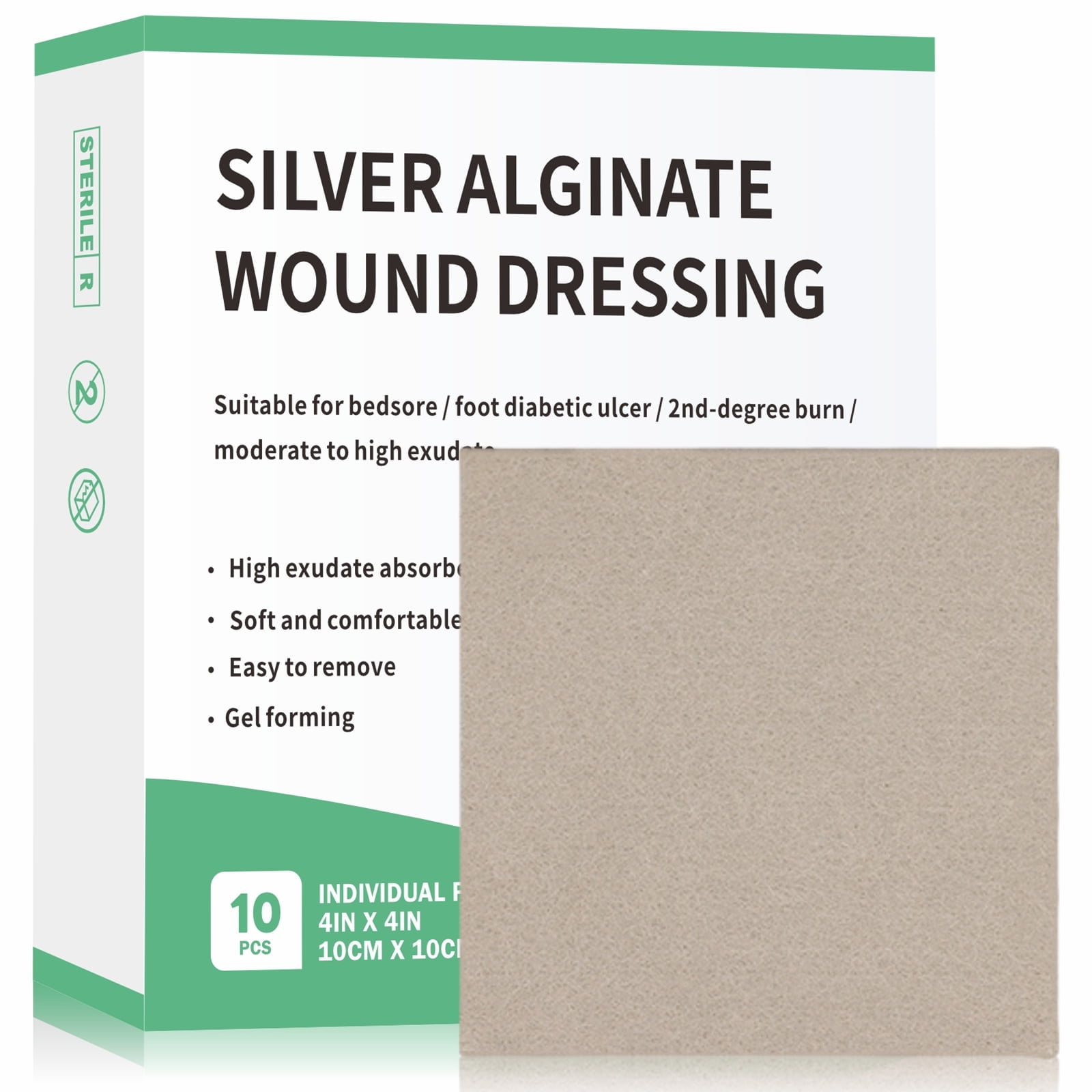 Silver Calcium Alginate Wound Dressing Pads, 4''x4'' Patches, 10 Individual Pack, Soft Silver Ag ...