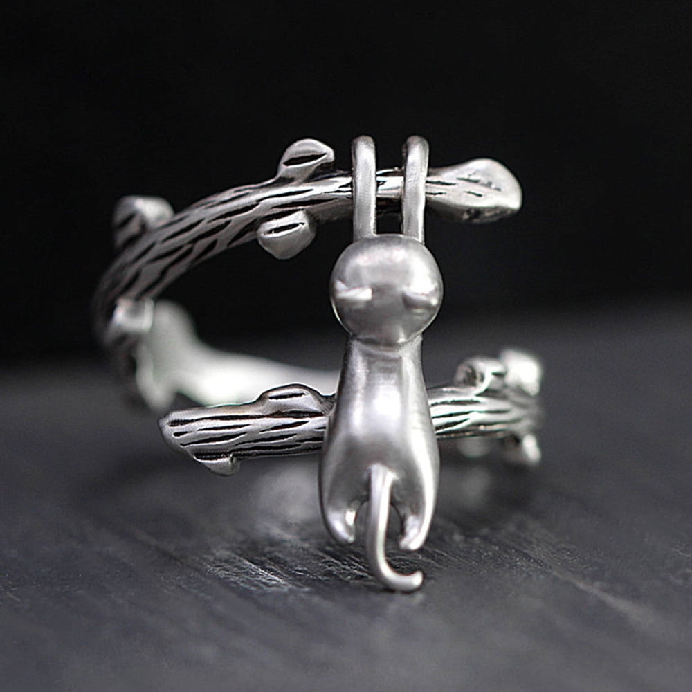 Silver Cat Animal Rings for Women 925 Sterling Silver Kitty Adjustment ...