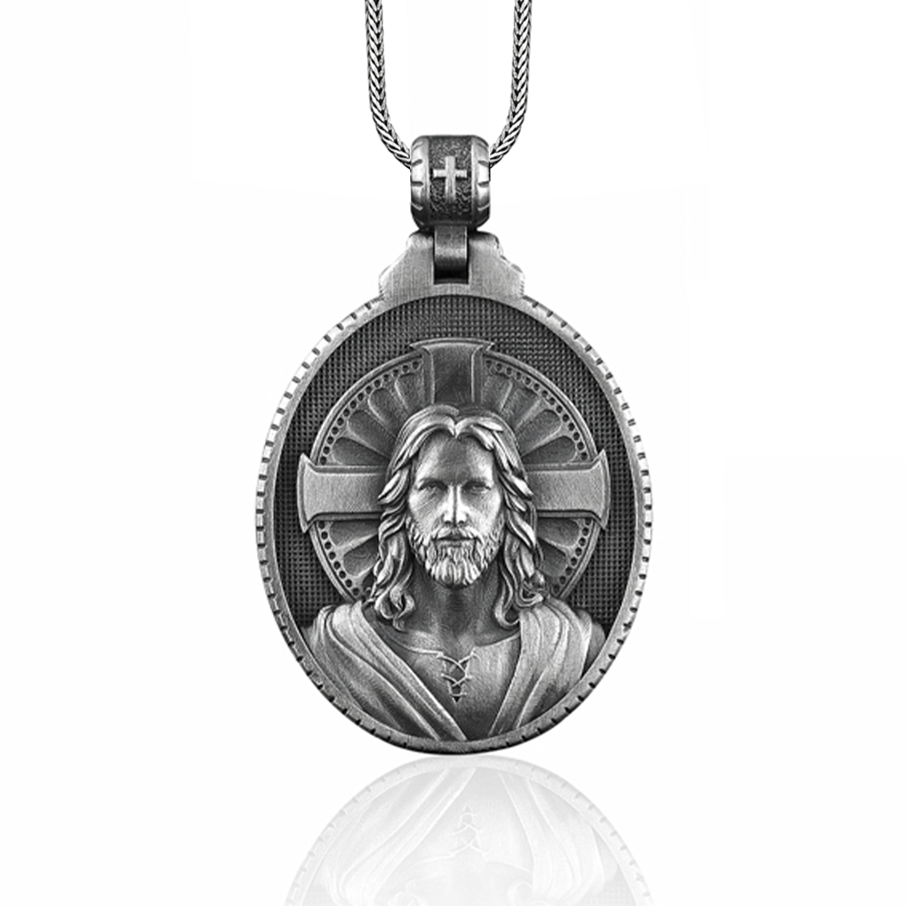 Silver Christian Jesus Mens Necklace, Christ Jesus Pendant, Religious ...