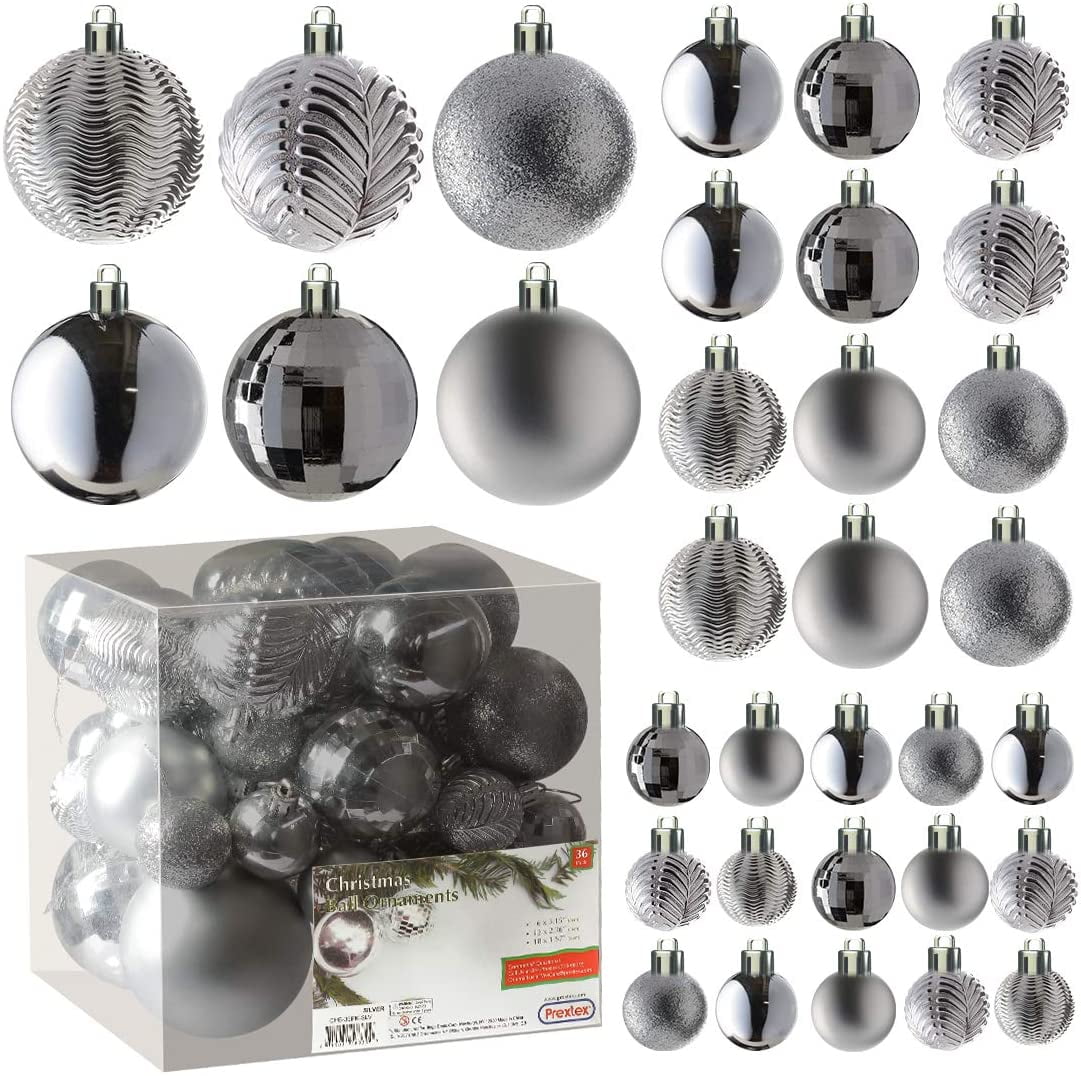 36-Piece Silver Christmas Ball Ornaments - Shatterproof with Hanging ...
