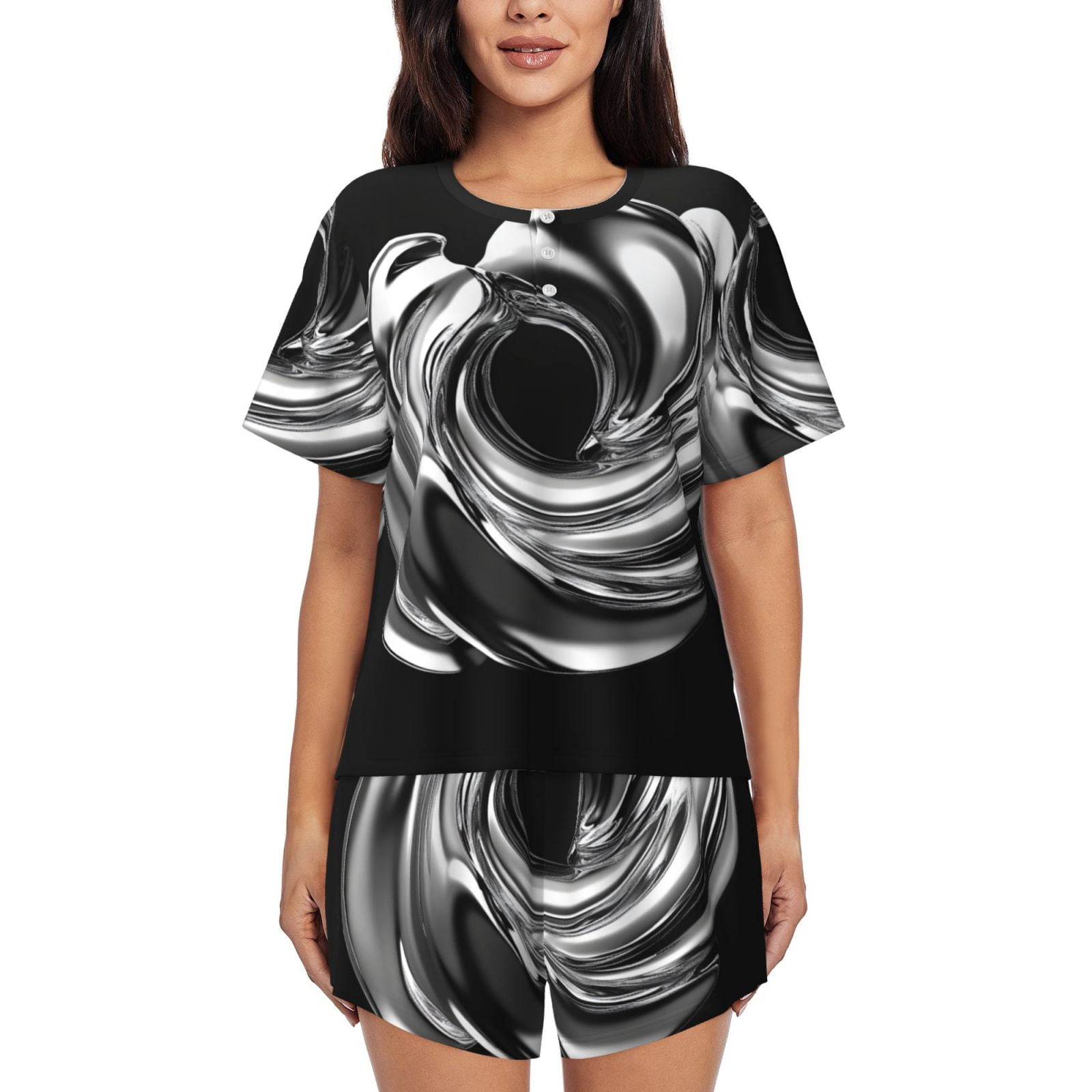 Silver Chrome Spiral Template (3) Womens Pajamas Short Set Soft Short ...