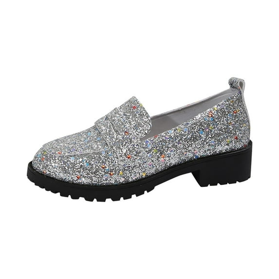 Silver Classic Loafers With Block Heel And Embellished Toe For A ...