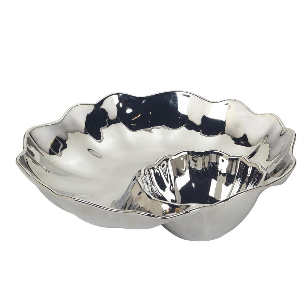 Silver Coast 11.75 in. Silver Porcelain Round Chip and Dip Server ...