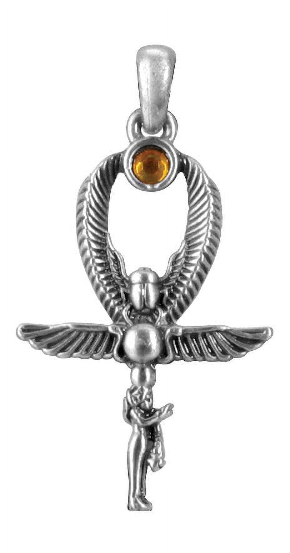 Silver Colored Ankh Shaped Winged Scarab Pendant with Orange Stone ...